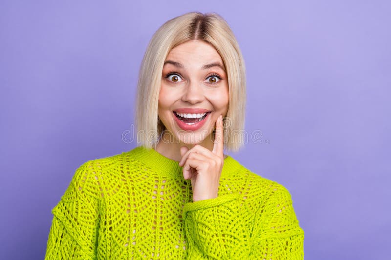 Photo Of Excited Cheerful Woman Dressed Knitted Sweater Smiling Finger