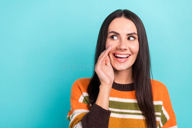 Photo Of Excited Funny Woman Wear Striped Sweater Arm Mouth Looking