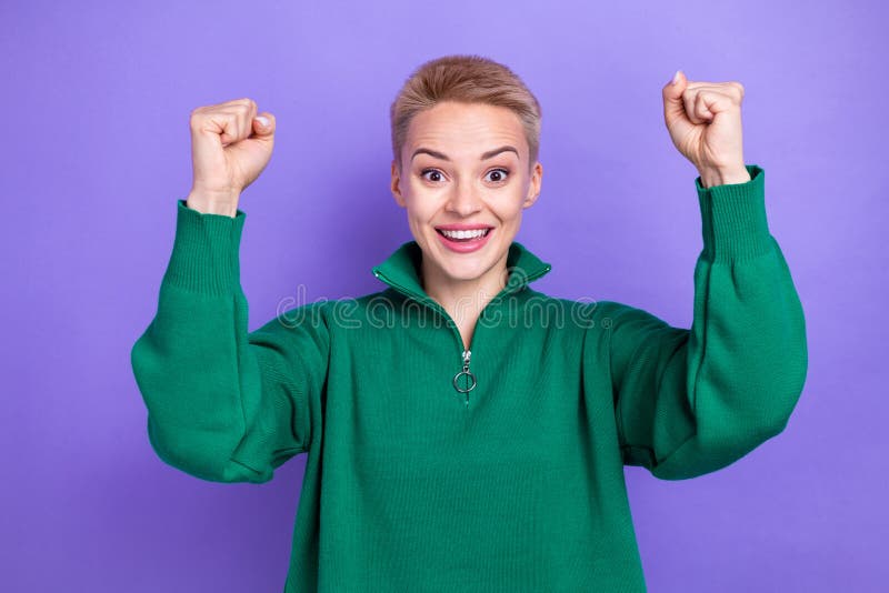 Photo Of Excited Overjoyed Prize Winner Woman Fists Up Celebrate