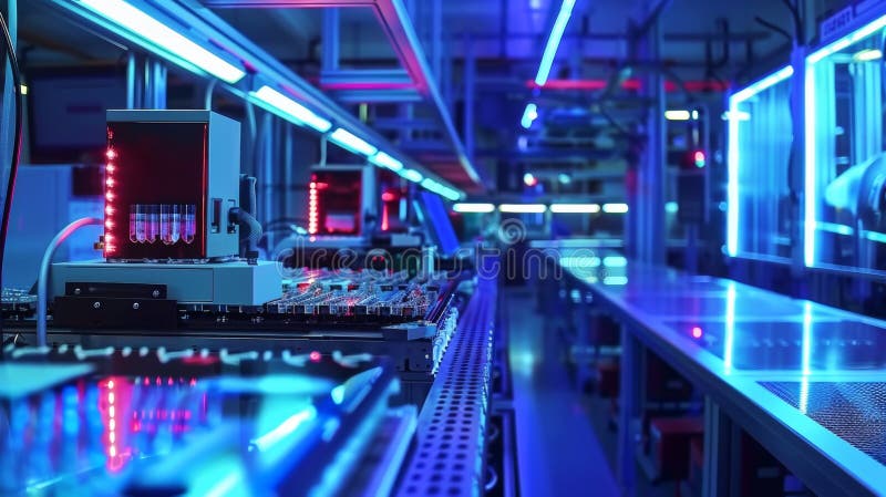 Photo of Factory, High-tech Lab Filled with Neon Lights with Conveyor ... Photo of Factory, High-tech Lab Filled with Neon Lights with Conveyor ...