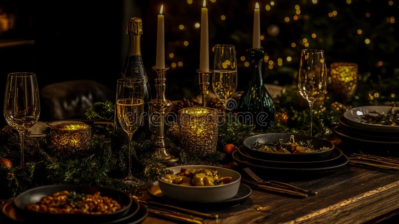 Photo of a Festive Dining Table with an Array of Dishes, Candles, and ...