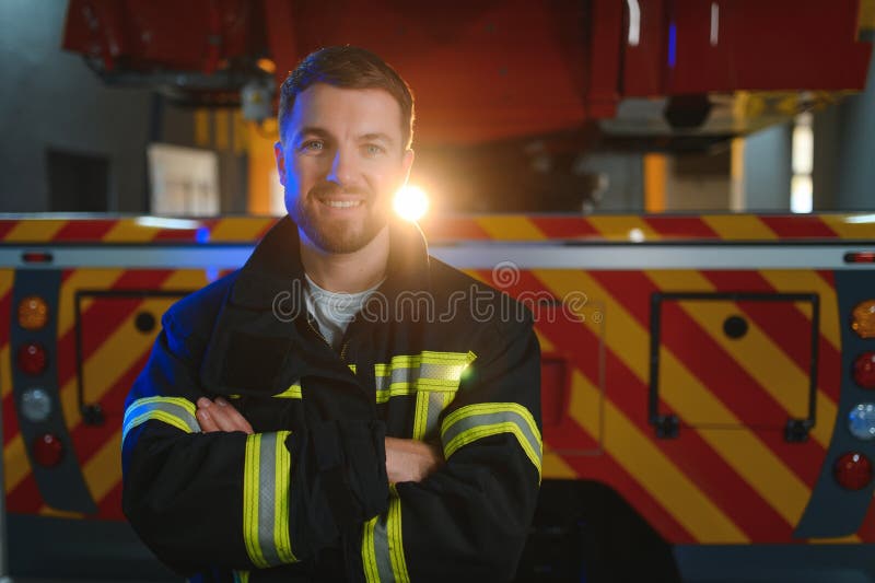 Photo of Fireman with Gas Mask and Helmet Near Fire Engine Stock Photo ...