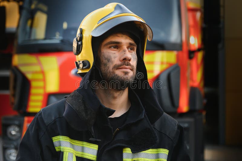 Photo of Fireman with Gas Mask and Helmet Near Fire Engine Stock Image ...