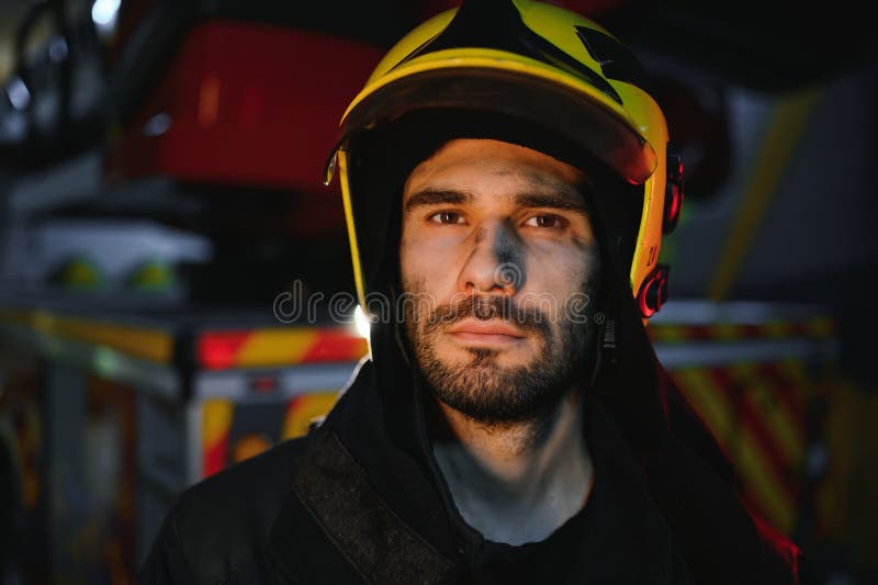 Photo of Fireman with Gas Mask and Helmet Near Fire Engine Stock Image ...