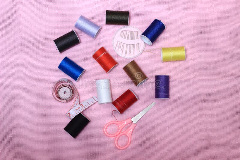 Flat Lay or Top View, Needle, Scissor, Thread, Tailor Meter, at Pink ...