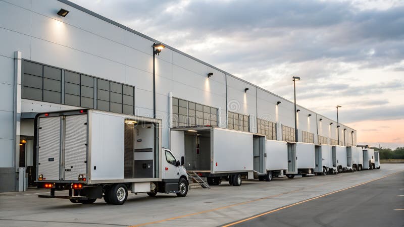 Photo of a Fleet of Delivery Trucks Lined Up Outside the Warehouse for ...
