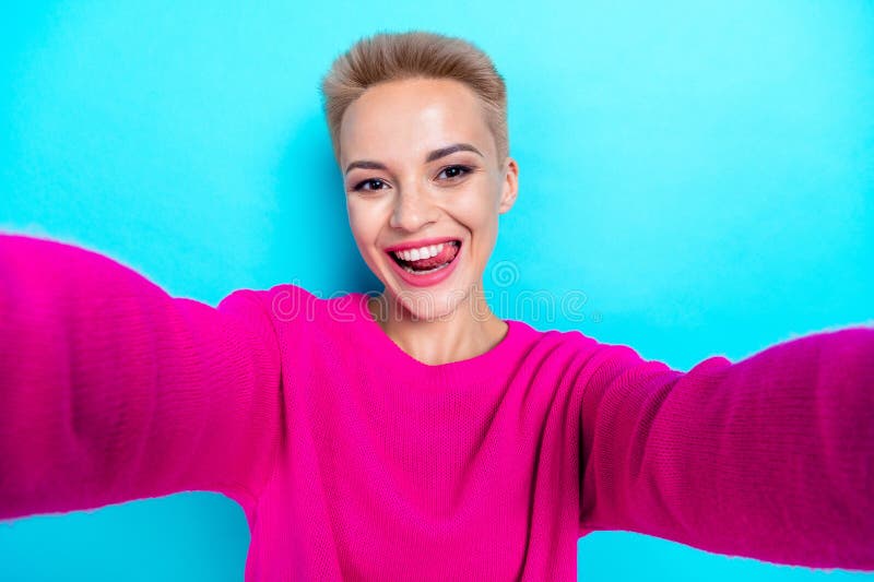 Photo Of Flirty Adorbale Woman With Bob Hairdo Dressed Pink Sweater