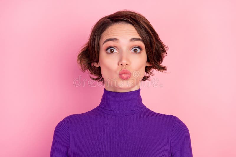 Photo Of Flirty Brunette Millennial Lady Blow Kiss Wear Violet Sweater