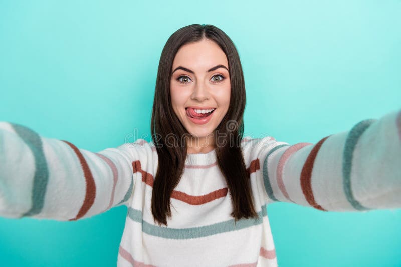 Photo Of Flirty Pretty Woman Wear Striped Sweater Stick Out Tacking