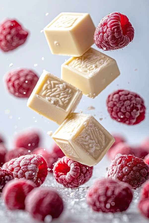 Photo of Floating Pieces of White Chocolate and Raspberries ,white ...