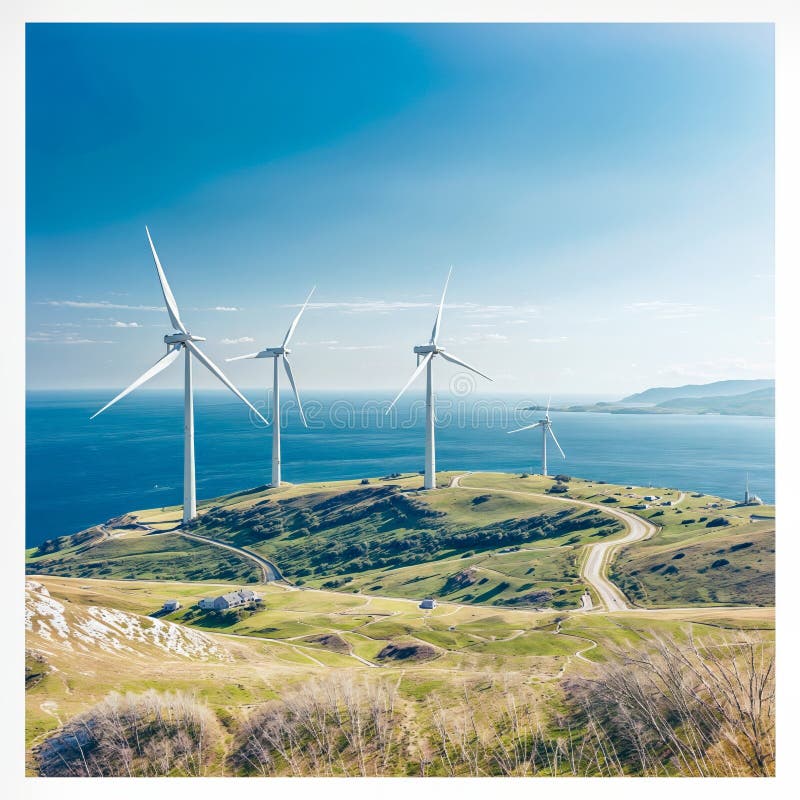 Photo of Four Wind Turbines on a Hill Overlooking the Ocean ...