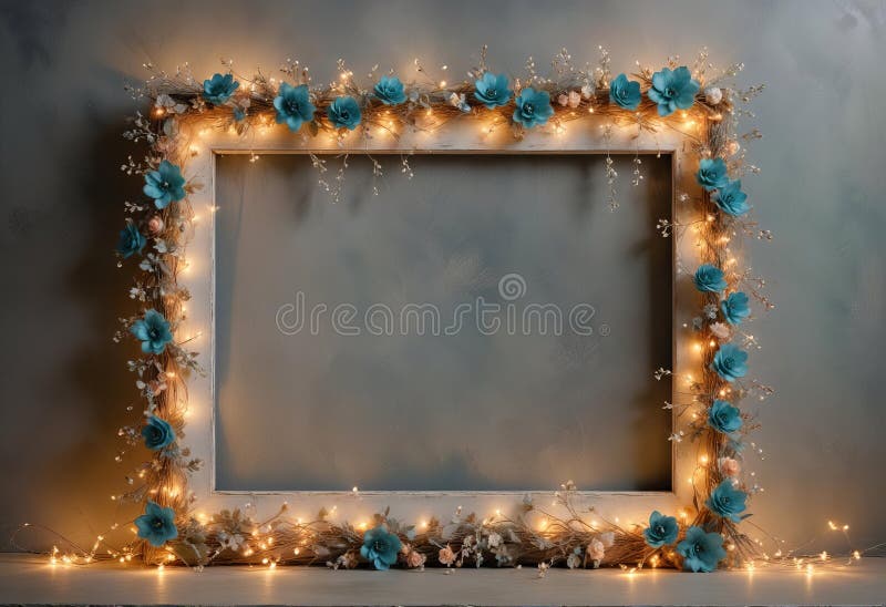 Photo Frame and Garland Lights with Pearls on Gray Stone Background ...