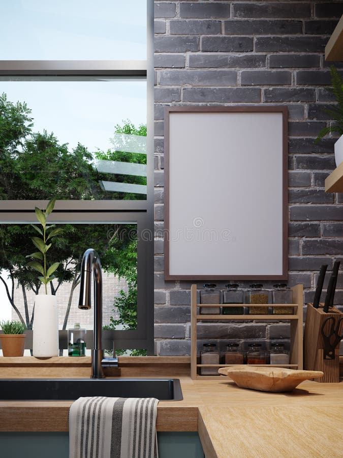 Photo Frame Mock Up in Kitchen Interior, 3d Rendering Stock ...