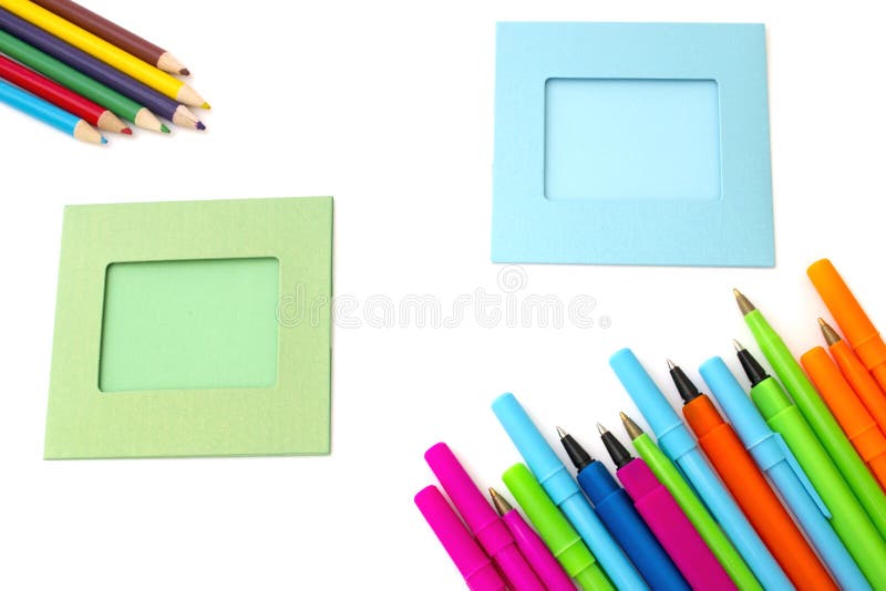 Photo frame with pens stock image. Image of polaroid - 54107437