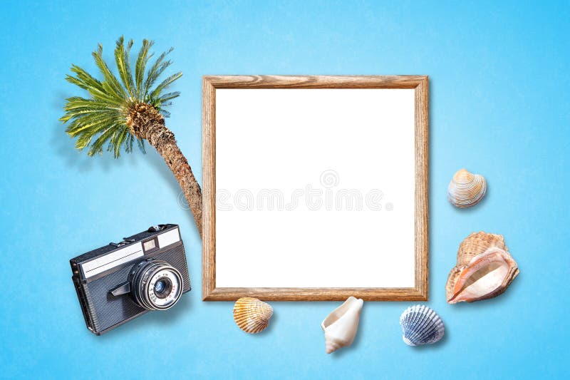 Photo Frame Retro Camera Palm Tree and Shells on Blue Background Stock ...