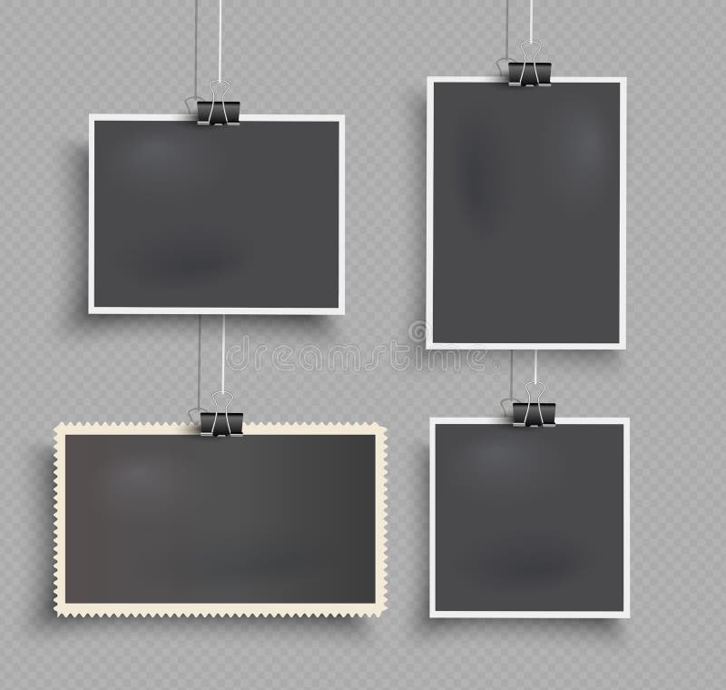 Set of Realistic Vector Hanging Photo Frames with Paper Clips on ...