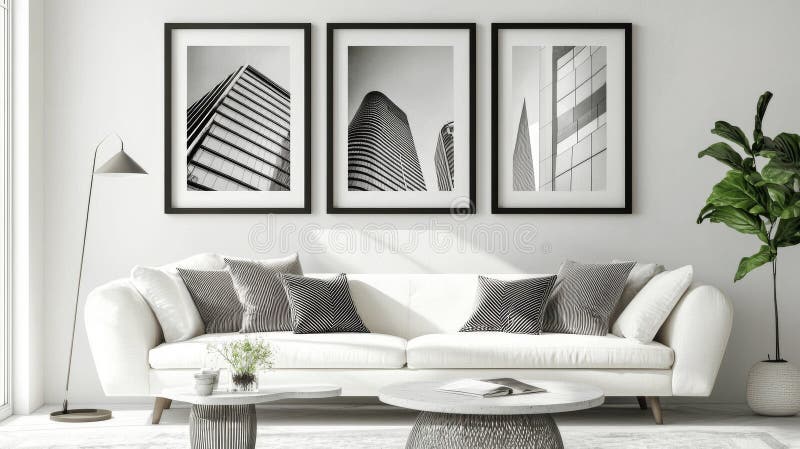Photo Frames and a Grey Couch are Used in the Interior Design. Stock ...