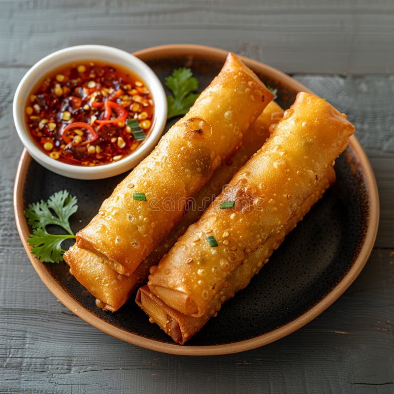 Photo Fried Spring Roll Accompanied by Delectable Dipping Sauce ...