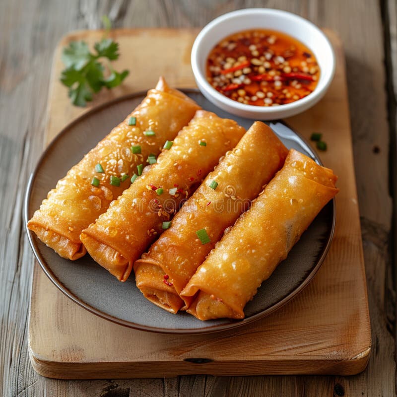 Photo Fried Spring Roll Accompanied by Delectable Dipping Sauce ...