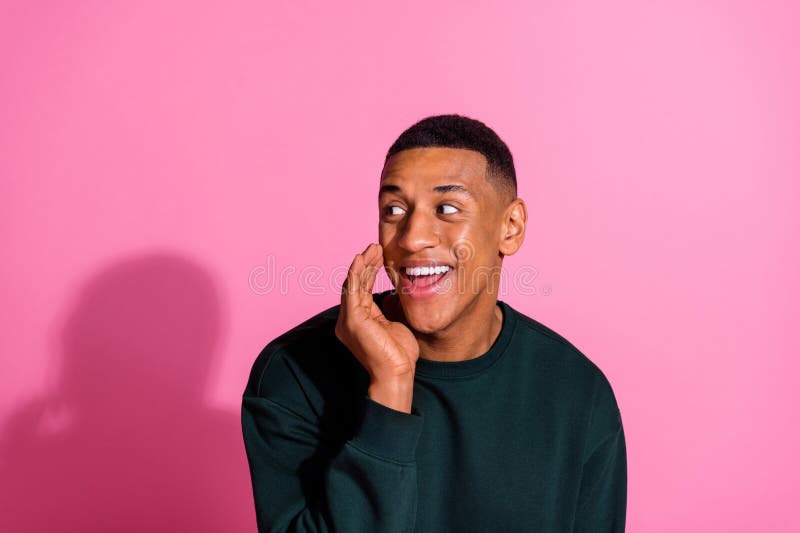 Photo of Funky Cool Guy Dressed Pullover Telling Secret Emtpy Space ...