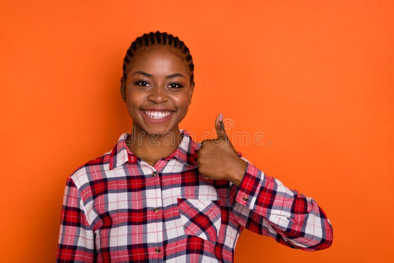 Photo Of Funny Adorable Woman Dressed Plaid Shirt Showing Thumb Up