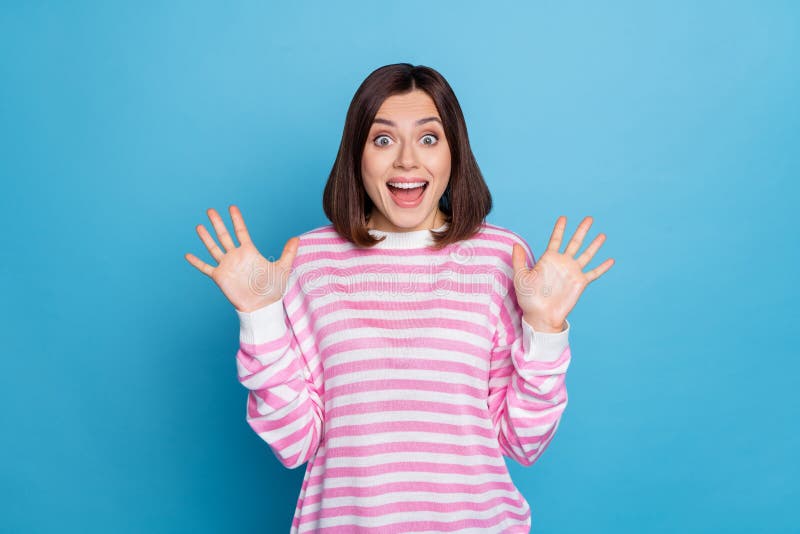 Photo Of Funny Excited Lady Dressed Pink Pullover Open Mouth Rising