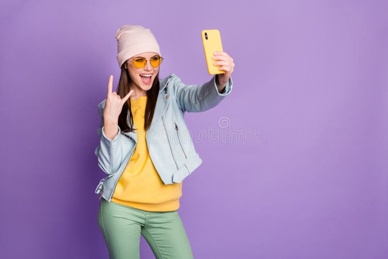 Photo Of Funny Pretty Cool Youth Lady Hold Telephone Make Selfies