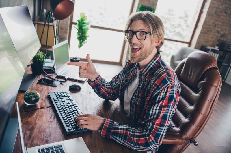 Photo Funny Young Blond Hair Software Developer Guy at Loft Design ...