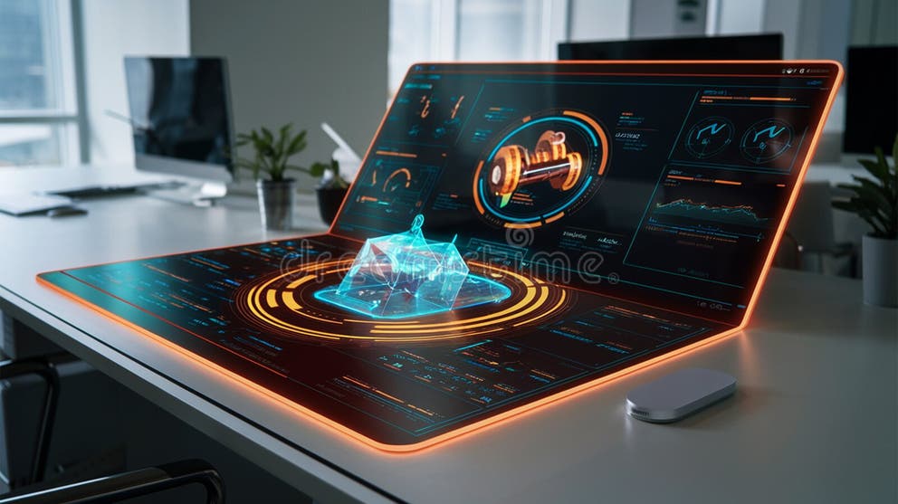 A Photo of a Futuristic Computer Screen Embedded in a Smart Desk Stock ...