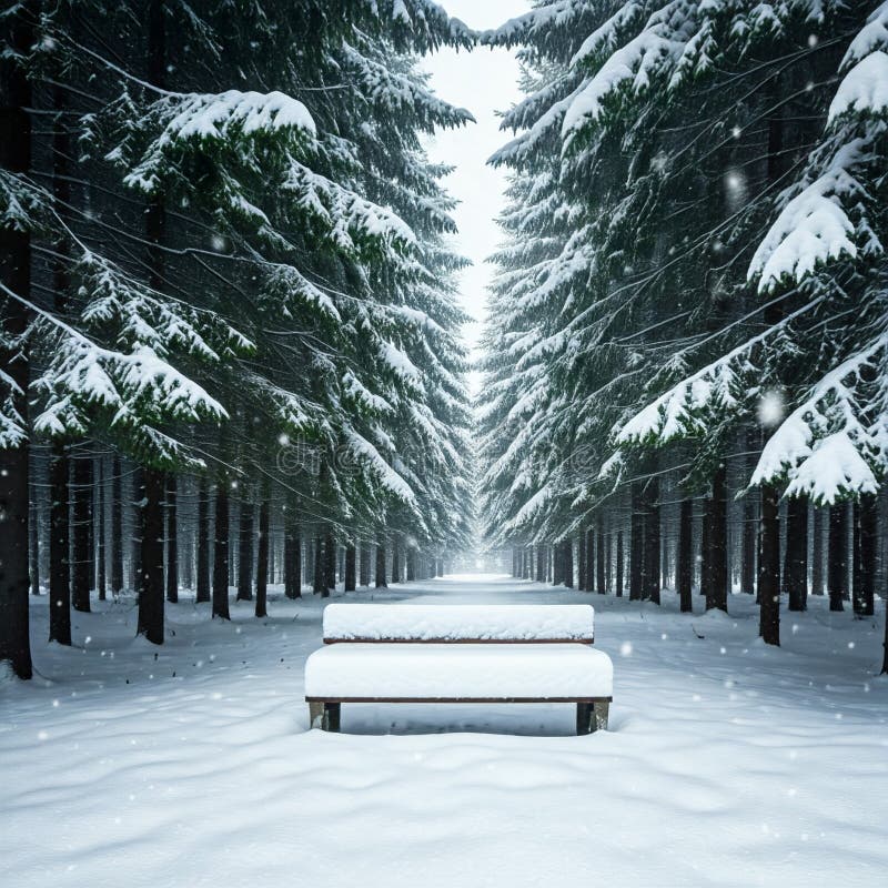 Snow-Draped Forest Bench Under Falling Snow Stock Illustration ...