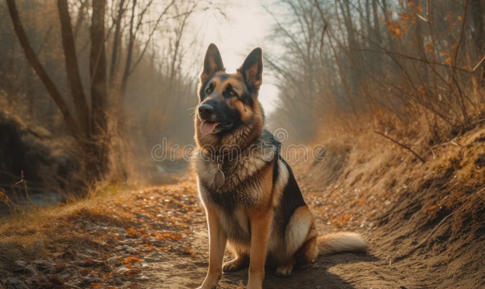 Photo of German Shepherd Sitting on a Forest Path. Generative AI Stock ...