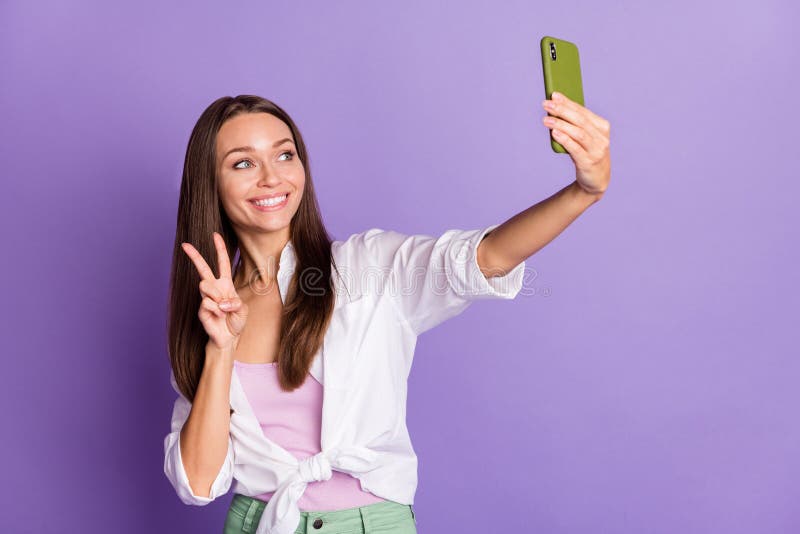 Photo Of Girl Hold Telephone Make Selfie Show V Sign Wear White Shirt