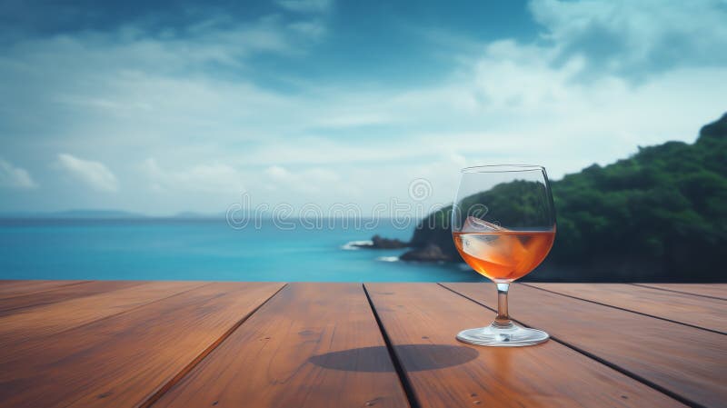 A Glass of Cocktail on the Table with Ocean Background Stock ...