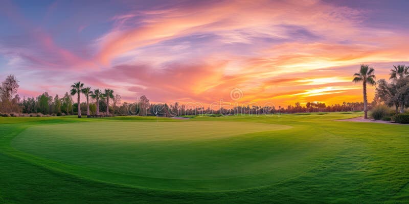 Sunset Over Golf Course with Palm Trees Stock Photo - Image of round ...