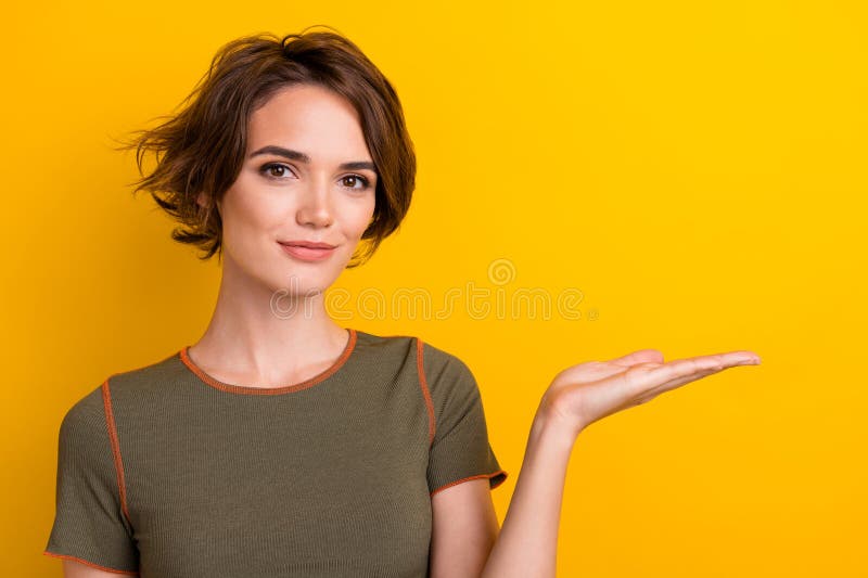 Photo Of Gorgeous Positive Girl Bob Hairstyle Dressed Khaki T Shirt Arm
