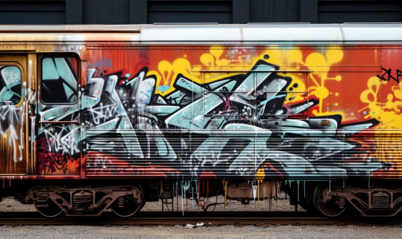 Photo of a Graffiti-covered Train Next To a Vibrant Building Stock ...