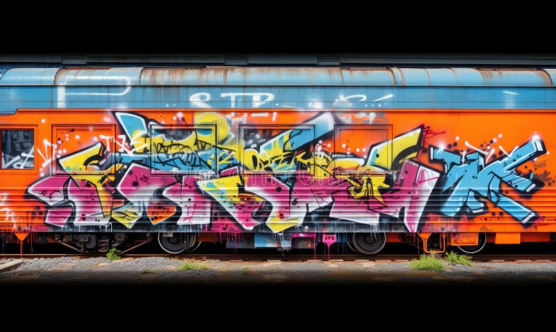 Photo of a Graffiti-covered Train on the Tracks Stock Illustration ...