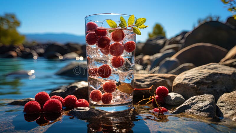 Photo of Granite with Raspberry Syrup and Fresh Berries, Against the ...