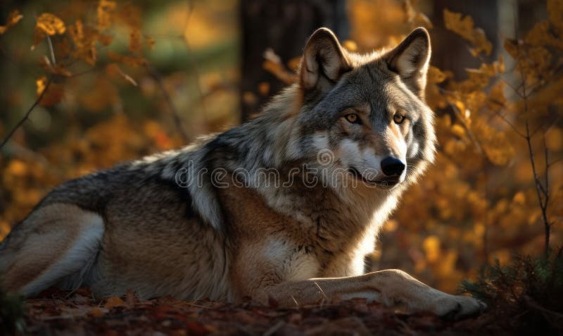 Photo of Gray Wolf Sitting on a Forest Path in Autumn. Generative AI ...
