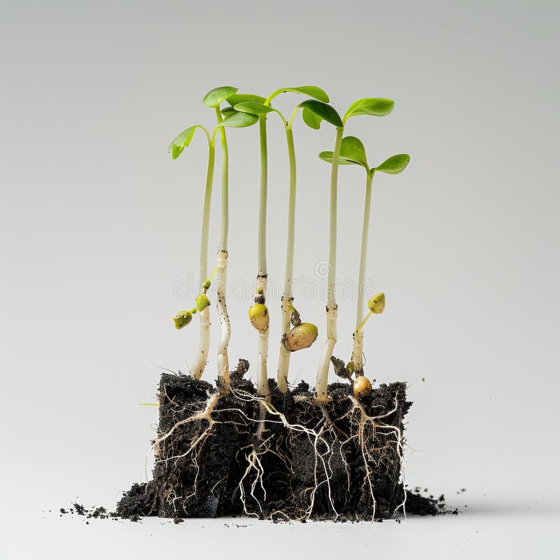 A Photo of a Group of Sprouting Seeds with Roots and Soil Isolated on a ...