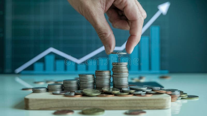 A Photo of a Hand Placing a Single Coin into a Growing Stack of Coins ...