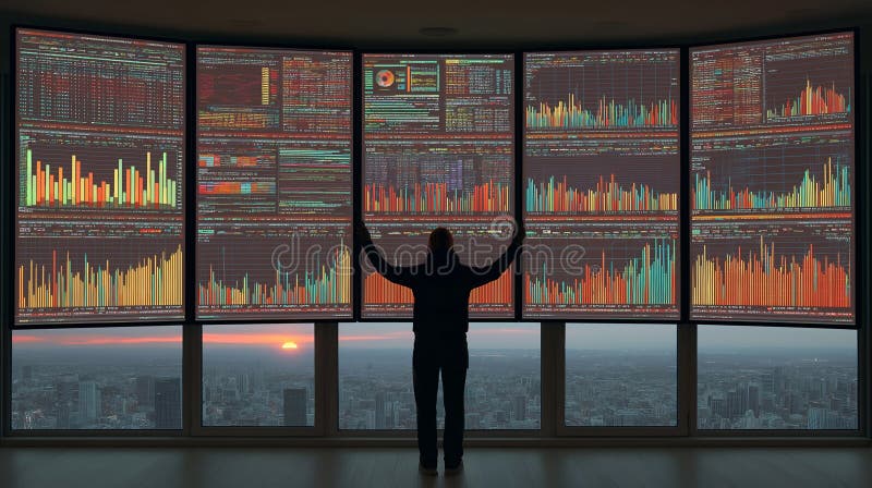 Photo of Hands Interacting with a Futuristic Holographic Display Showing Complex Business Graphs ...