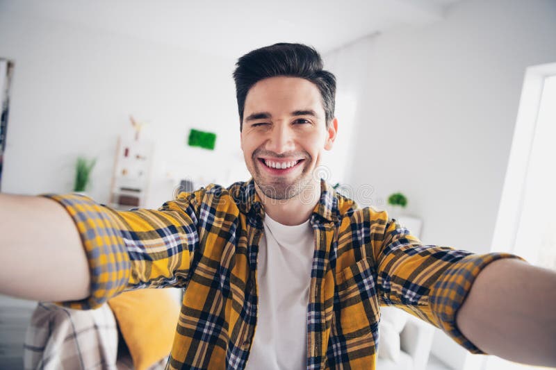 Photo Of Handsome Flirty Guy Dressed Plaid Shirt Recording Video