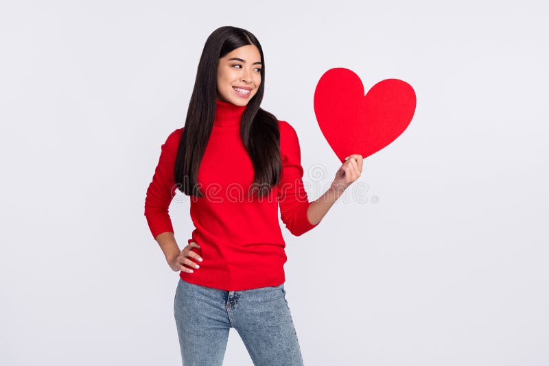 Photo Of Happy Cheerful Good Mood Woman Look Big Red Heart Valentine