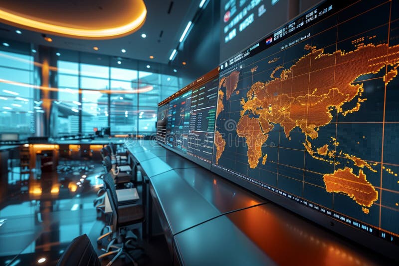 Photo High Tech Trading Floor Features Digital Screens with Financial ...