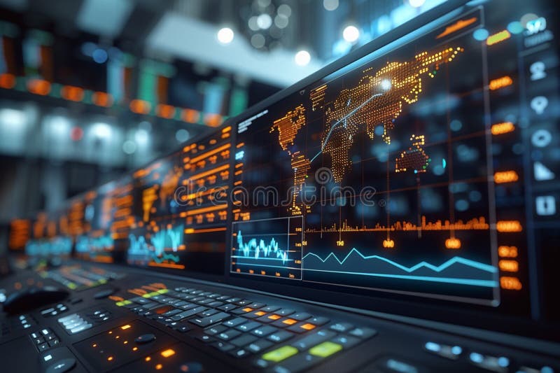 Photo High Tech Trading Floor Features Digital Screens with Financial ...