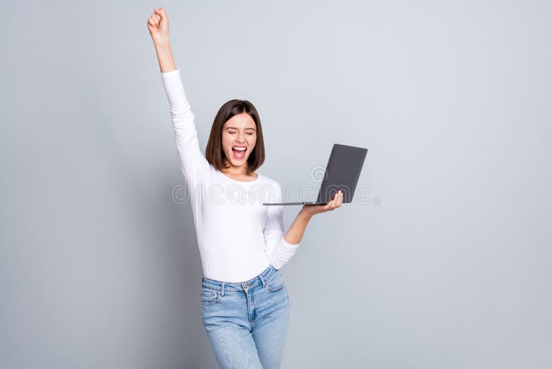 Photo Of Hooray Bob Hairstyle Ceo Lady Hold Laptop Yell Wear White