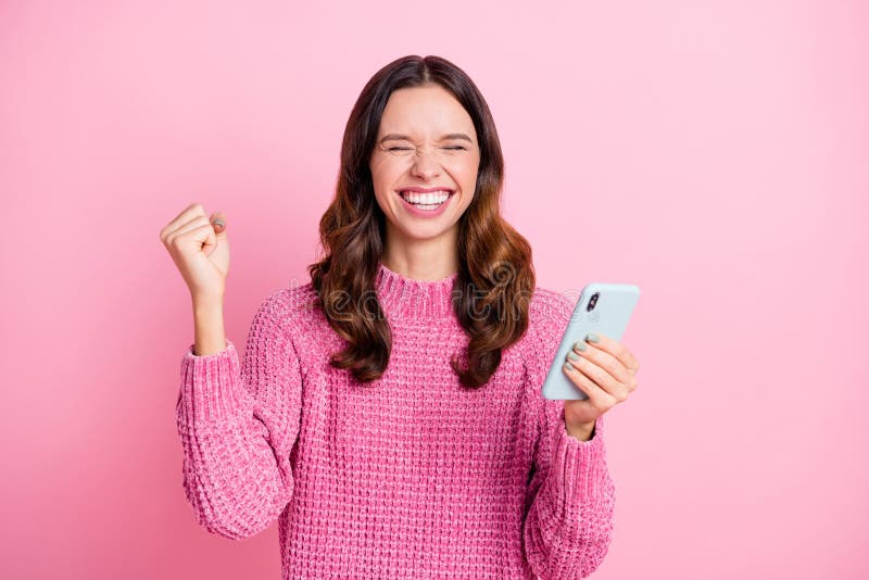 Photo Of Hooray Nice Brunette Lady Hold Telephone Wear Pink Sweater