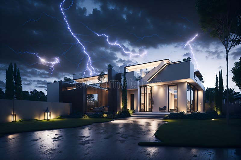 Ai Generated House Illuminated by Bright Lightning during a Stormy ...