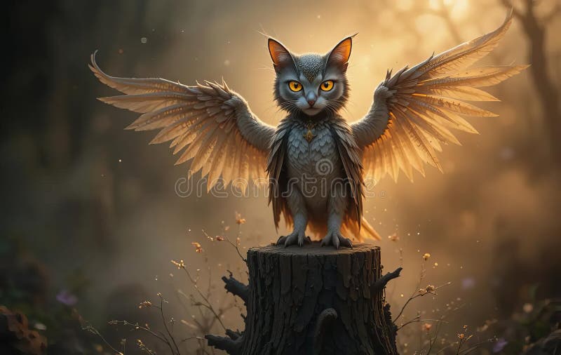 A Photo of a Hybrid Creature with Cat and Owl Features Perched on a ...